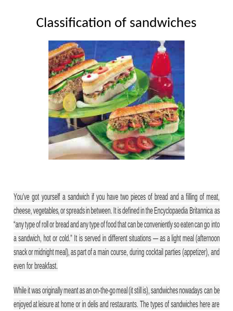 Classification of Sandwiches (GROUP 4) | PDF | Hamburgers | Meal