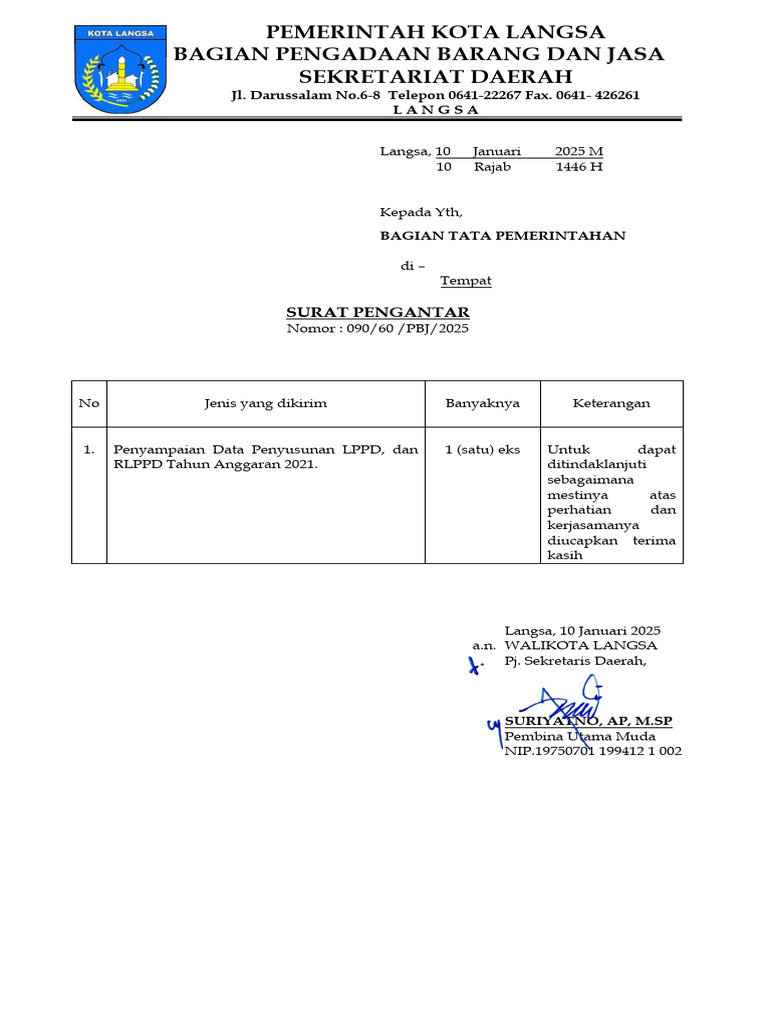 Surat Pengantar LPPD Langsa 2021 | PDF