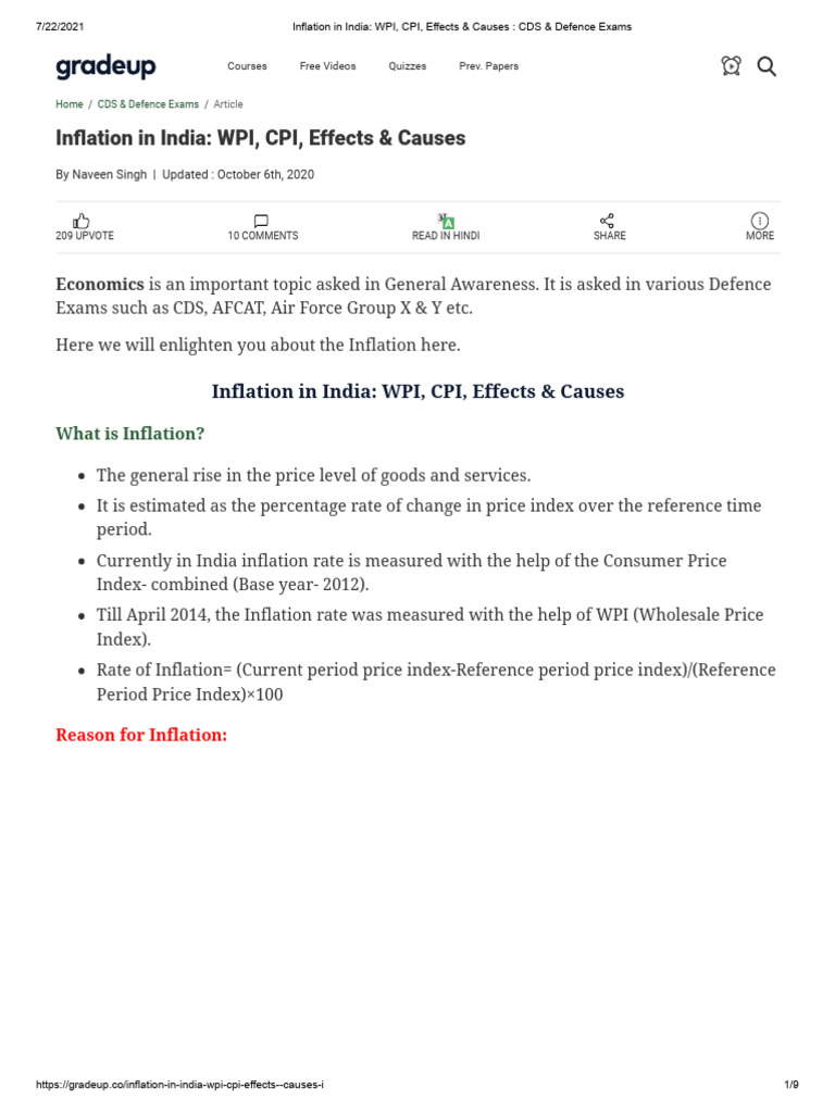 Inflation in India - WPI, CPI, Effects & Causes - CDS & Defence Exams | PDF | Inflation ...