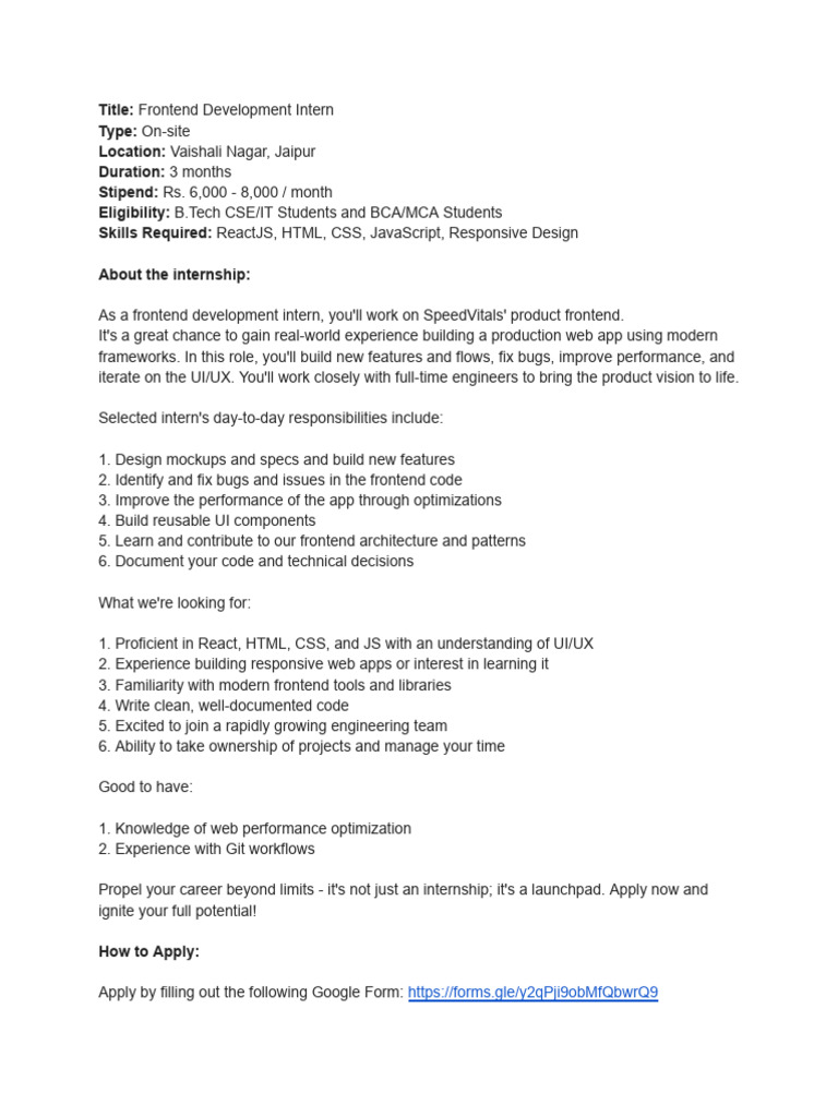Frontend Development Internship Opportunity | PDF