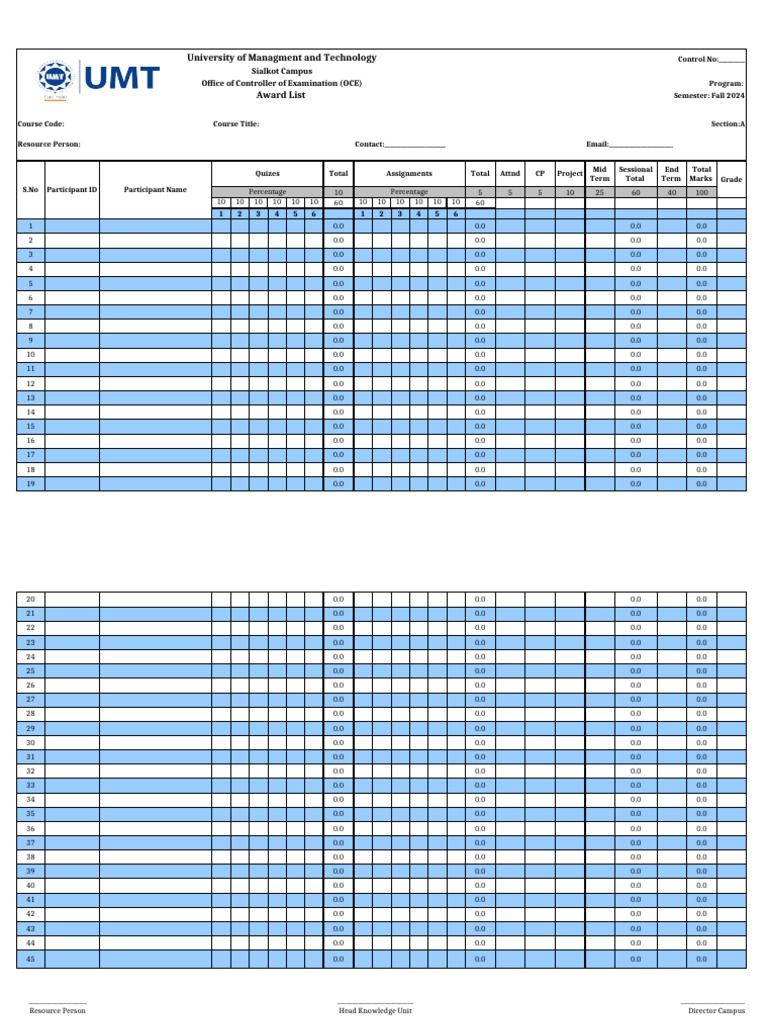 Fall 2024 Award List - UMT Sialkot | PDF