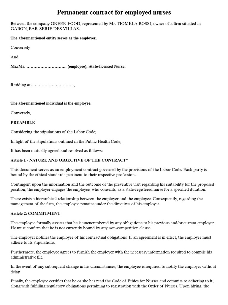 Permanent Employment Contract for Nurses | PDF | Employment ...