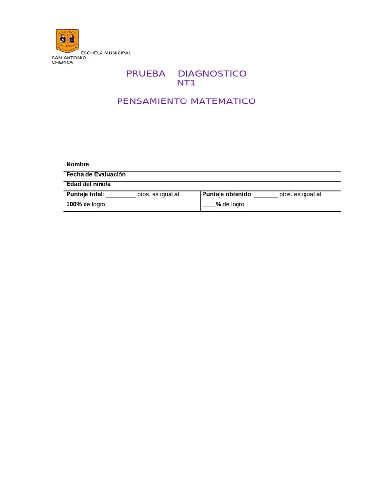Prueba Diagnostico Pensamiento Matematico Pre Kinder | PDF