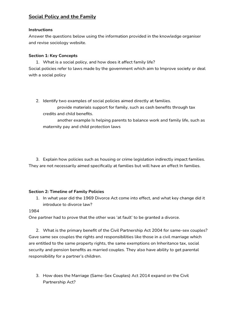 Social Policy and The Family - Comprehension and AO3 | PDF | Parental ...