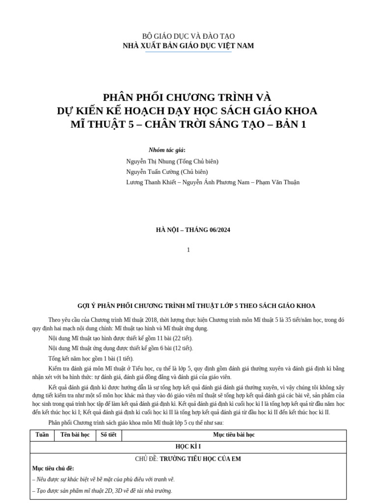 Ppct Mĩ Thuật 5 Ctst Bản 1 | PDF