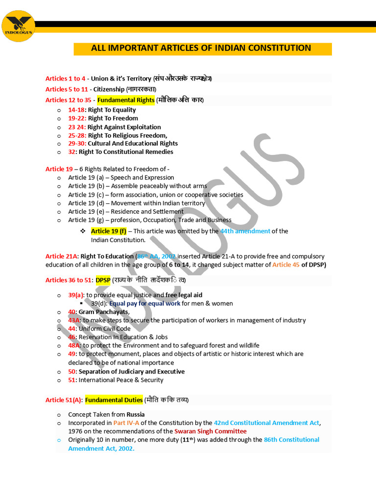 Key Articles of the Indian Constitution | PDF | Government Institutions ...