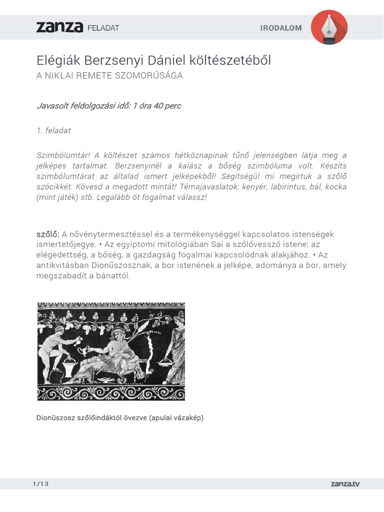 Berzsenyi - Elégiaköltészete - Feladatok | PDF