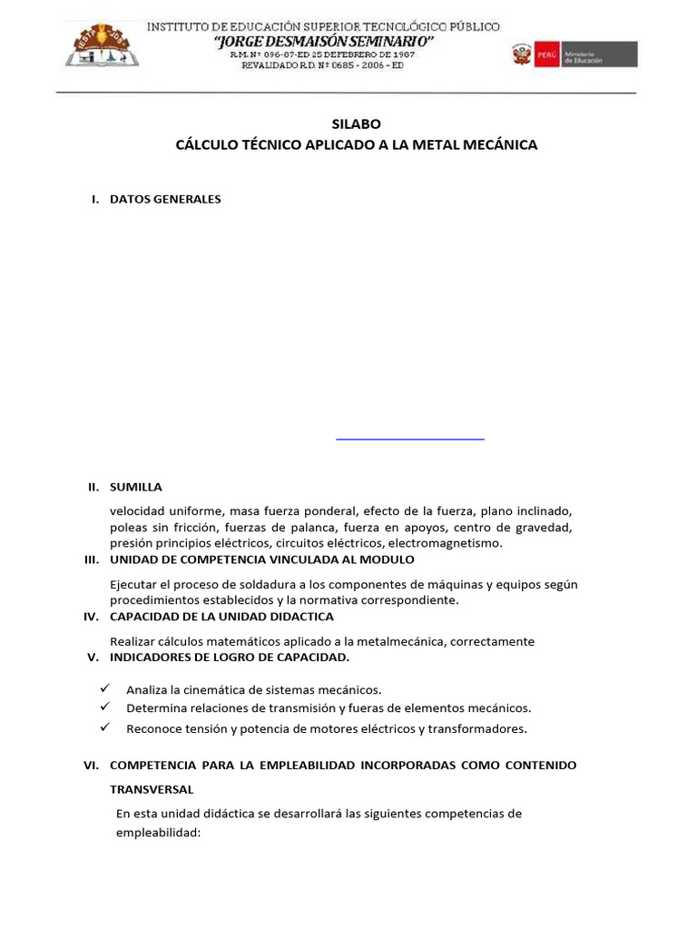 Silabo Cálculo Técnico Aplicado A La Metal Mecánica 2023-Ii | PDF ...