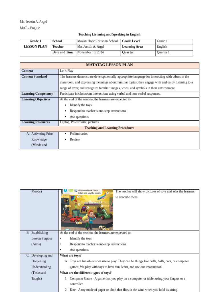 Argel - Teaching Listening - Lesson Plan | PDF | Lesson Plan | Learning