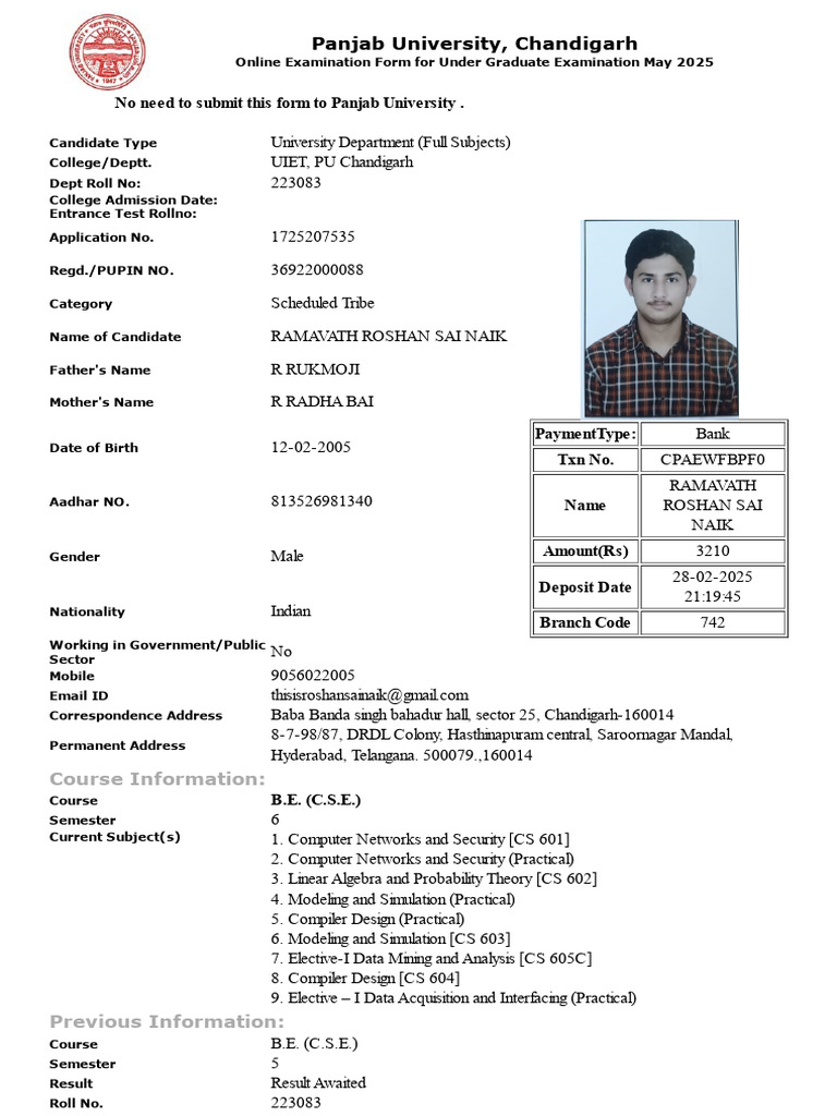 6th Sem Exam Fee Receipt | PDF