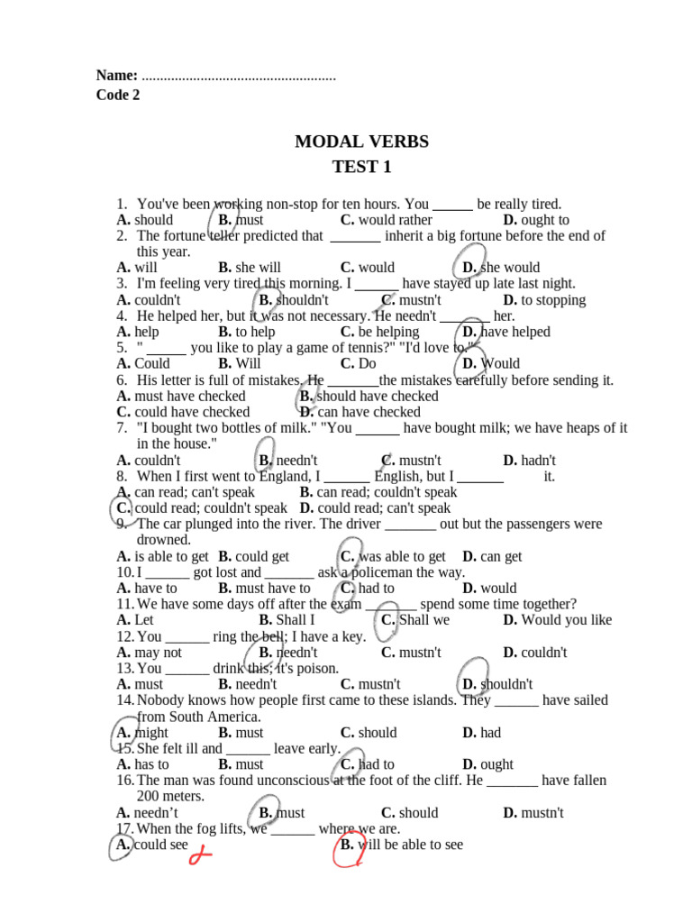 Modal Verbs Practice Test | PDF