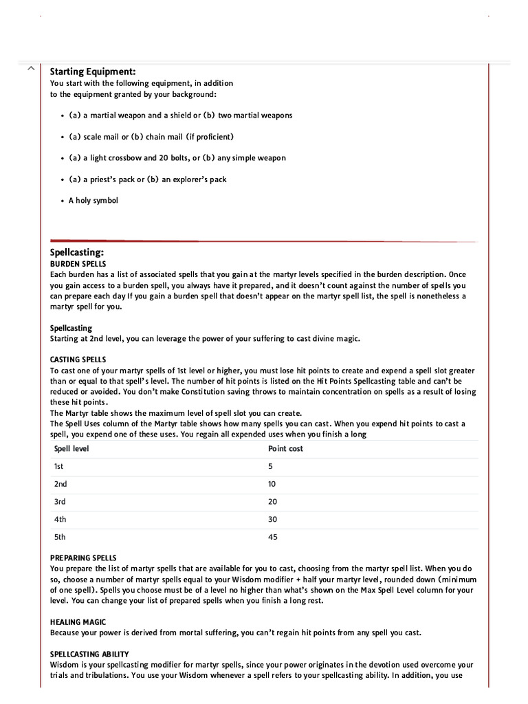Martyr - Class Features - Dungeons & Dragons 5e - Statblocks & Sheets - World Anvil | PDF