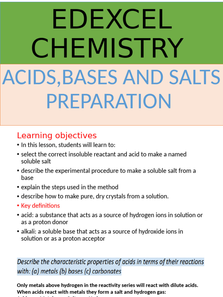 ACIDS, BASES AND SALTS PREPARATION Chemistry Edexcel | PDF | Salt ...