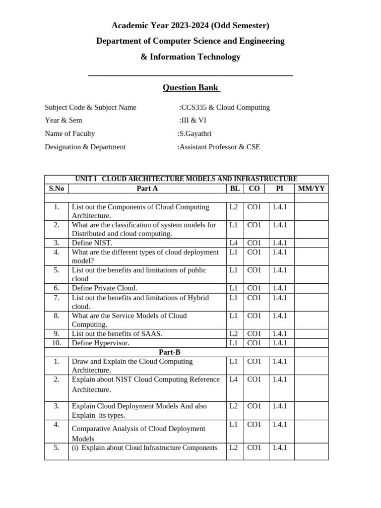CCS335 Cloud Computing Question Bank | PDF | Virtualization | Cloud Computing