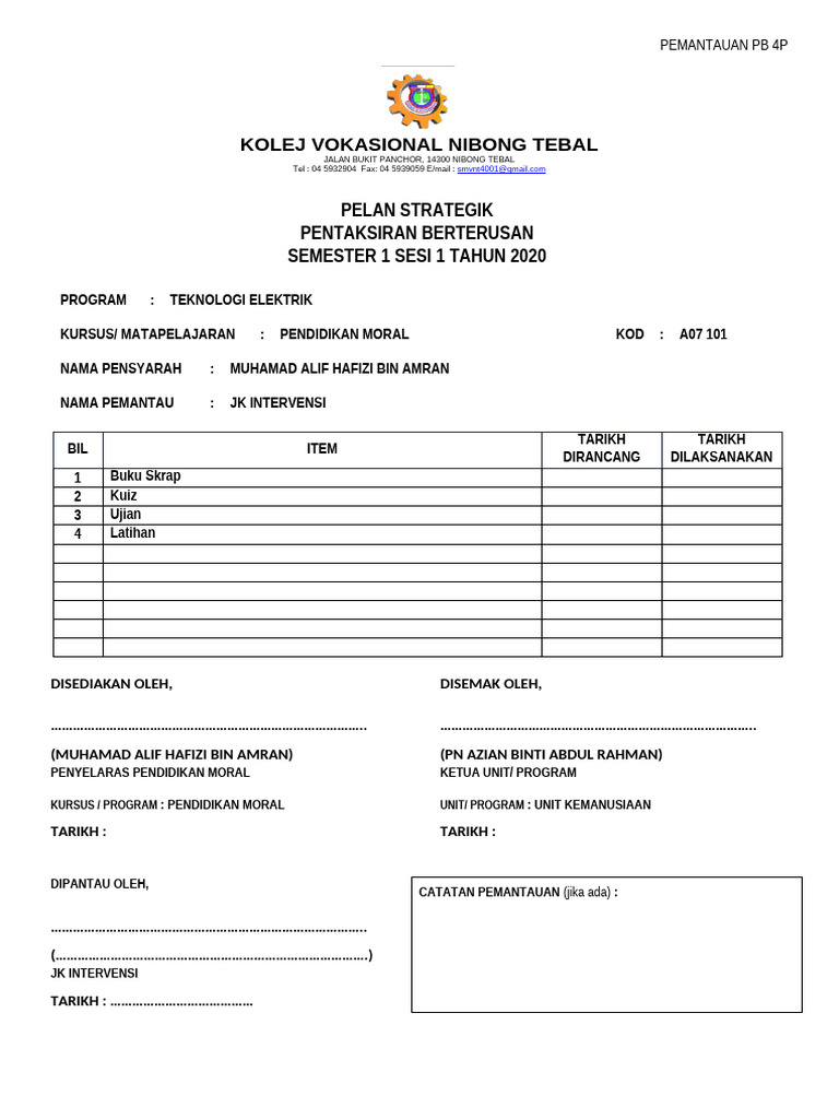 PELAN STRATEGIK PENDIDIKAN MORAL SEM 1 (SVM) | PDF