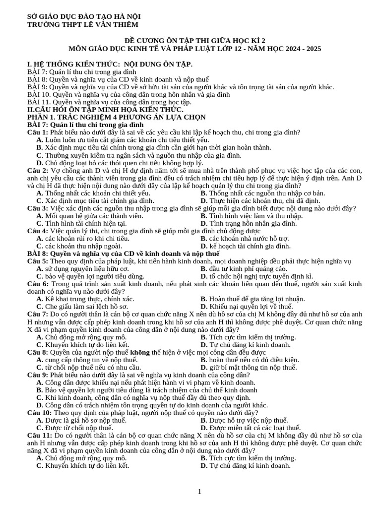 Thu in Đề Cương Gdkt&Pl Lớp 12- Ôn Thi Giữa Hk2.k12 | PDF