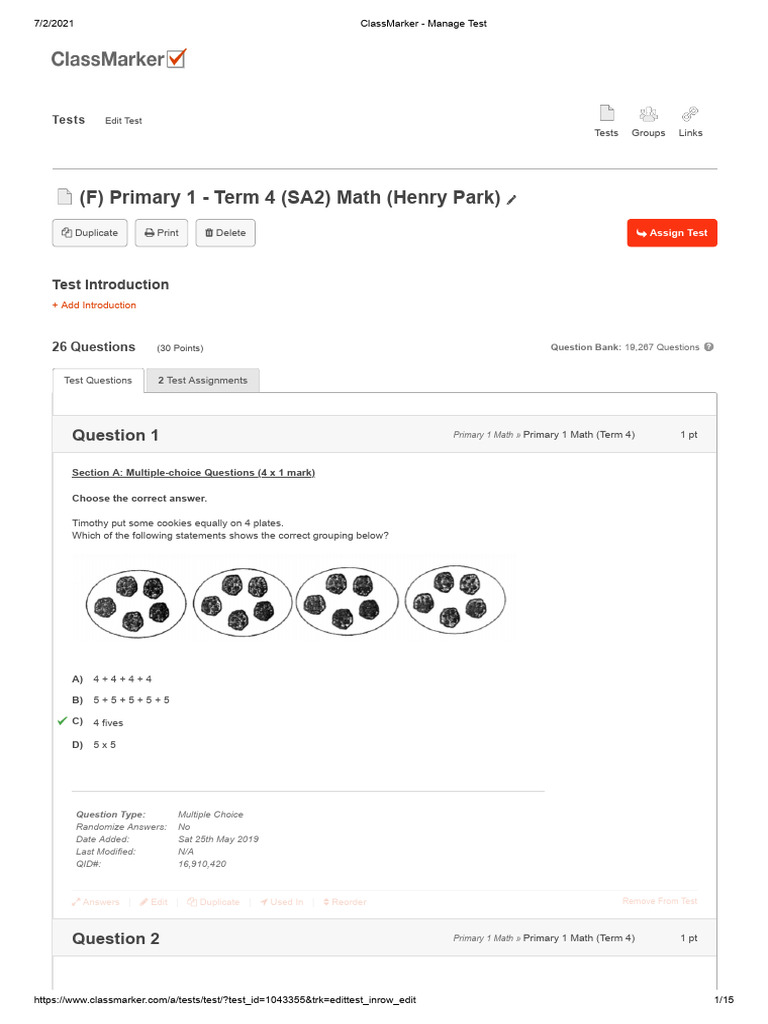 Primary 1 Term 4 Math Test | PDF | Multiple Choice | Mathematics