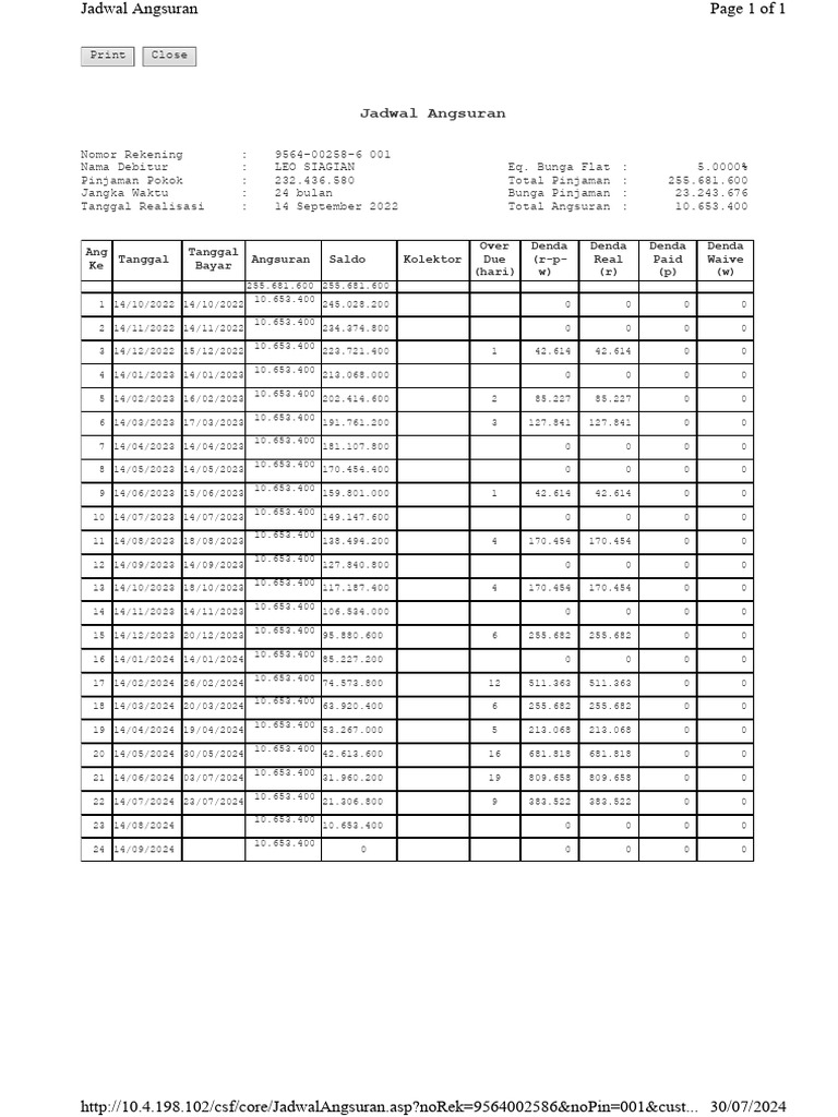 10.4.198.102 Csf Core JadwalAngsuran.asp NoRek=956400258 | PDF