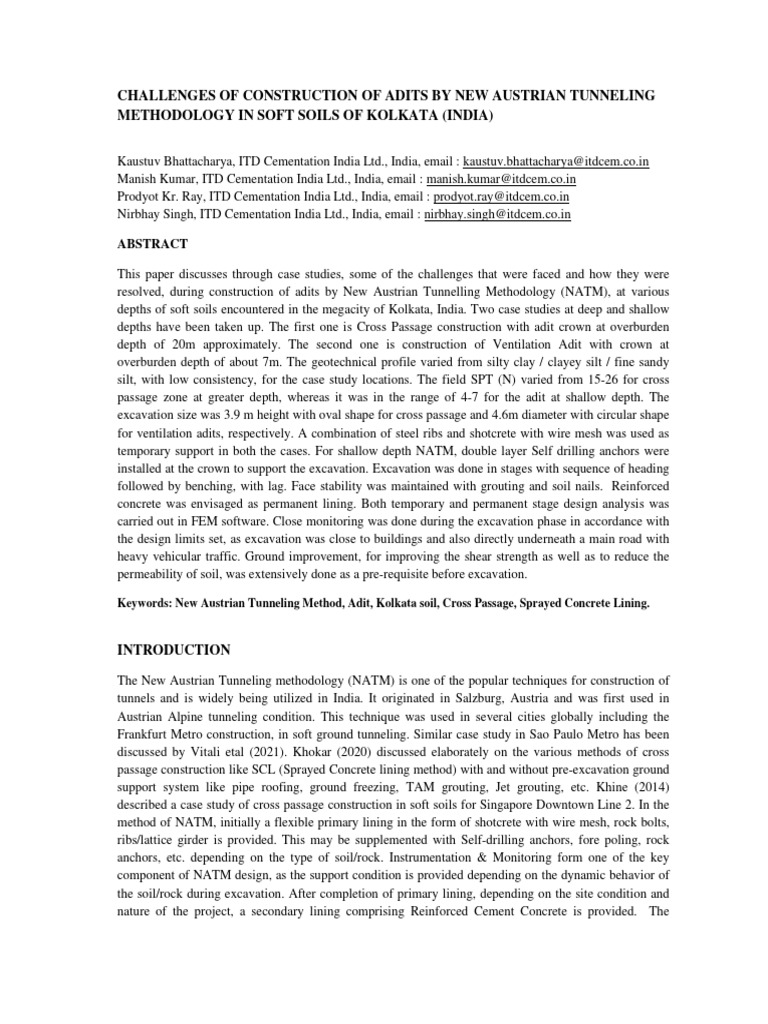 NATM Adit Construction Challenges in Kolkata | PDF | Tunnel