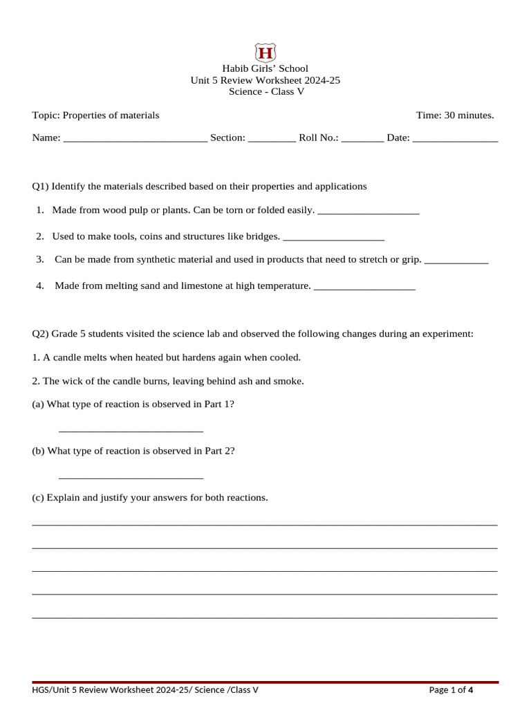 CL V Science Unit 5 Assessment | PDF | Industrial Processes | Materials