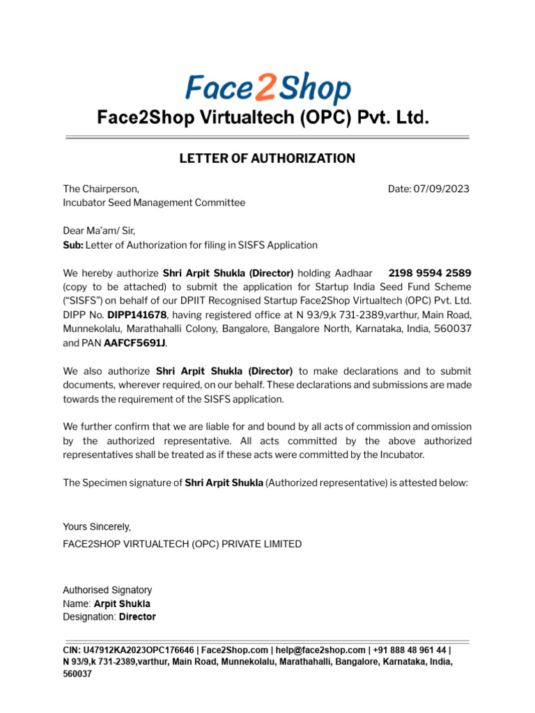 Authorization Letter for SISFS Application | PDF