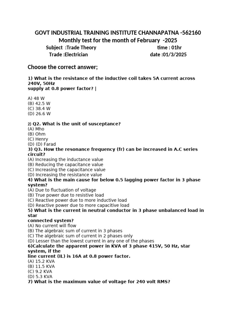 February 2025 Electrician Test Questions | PDF | Electrical Impedance ...