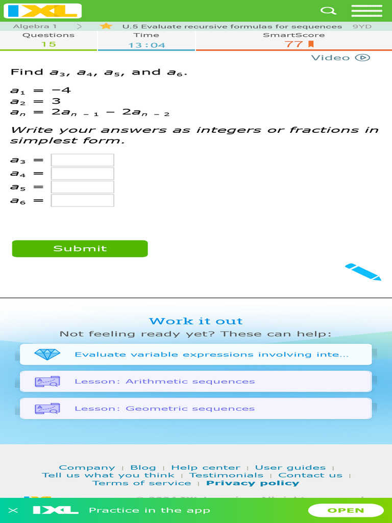 IXL - Evaluate Recursive Formulas for Sequences (Algebra 1 Practice) 4 | PDF