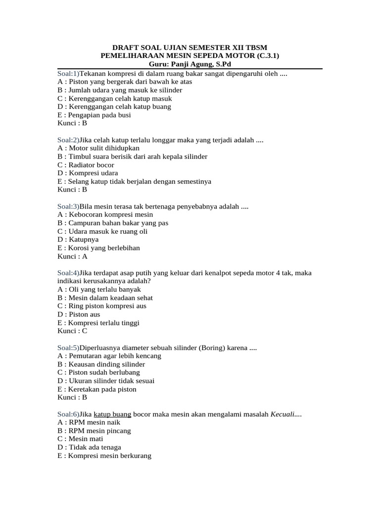 Draft Soal Ujian Semester - Mesin - Xii TBSM - 2024 | PDF