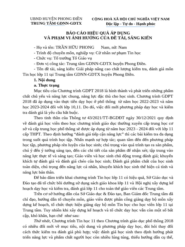 SKKN TRẦN HỮU PHONG 2023-2024 | PDF