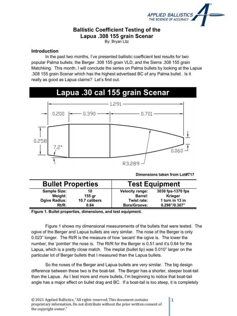 Ballistic Coefficient Testing of The Lapua 308 155 Grain Scenar | PDF ...