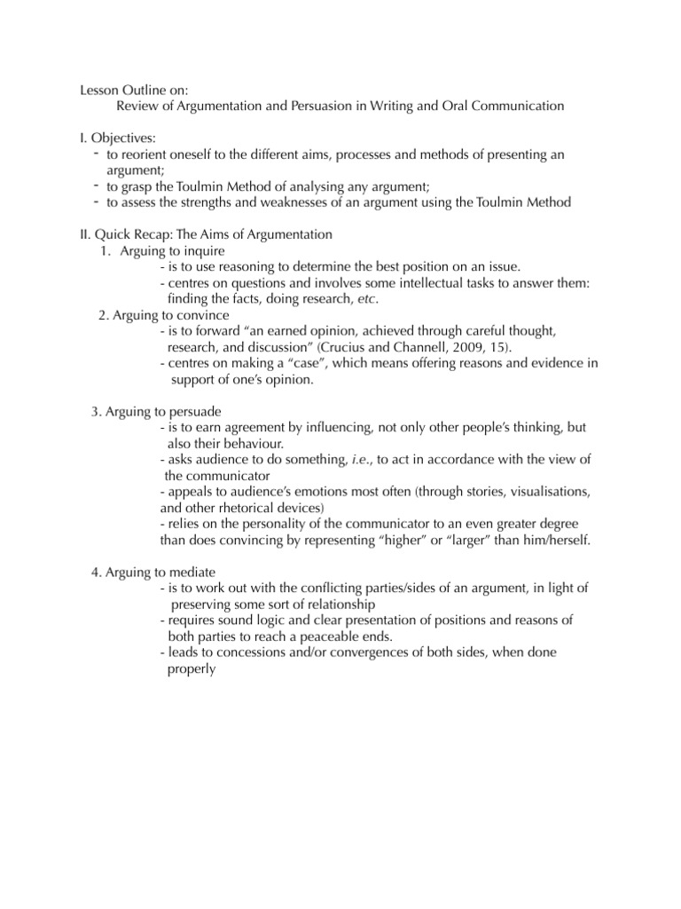 Lesson Outline On Review of Argumentation and Persuasion in Writing and Oral Communication | PDF ...