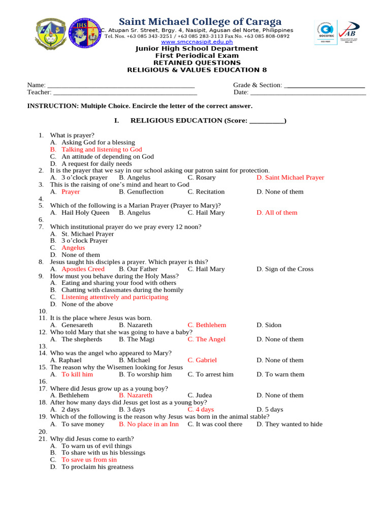 ReEd & ValEd 8 - FIRST PERIODICAL EXAM | PDF | Jesus | Religious Belief And Doctrine