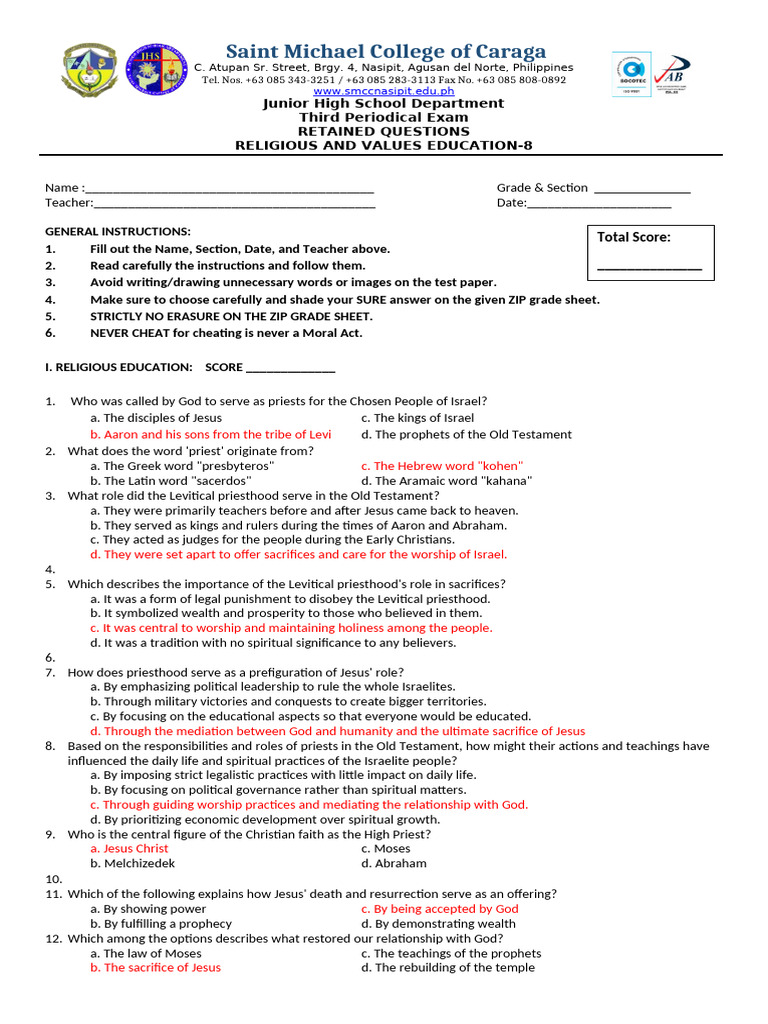 Reed & Valed 8 - Third Periodical Exam | PDF | Jesus | Priest