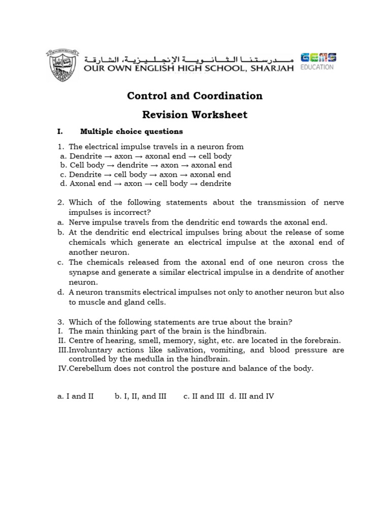 Grade 10 - Control Coordination - Revision Worksheet - 2024-25 | PDF