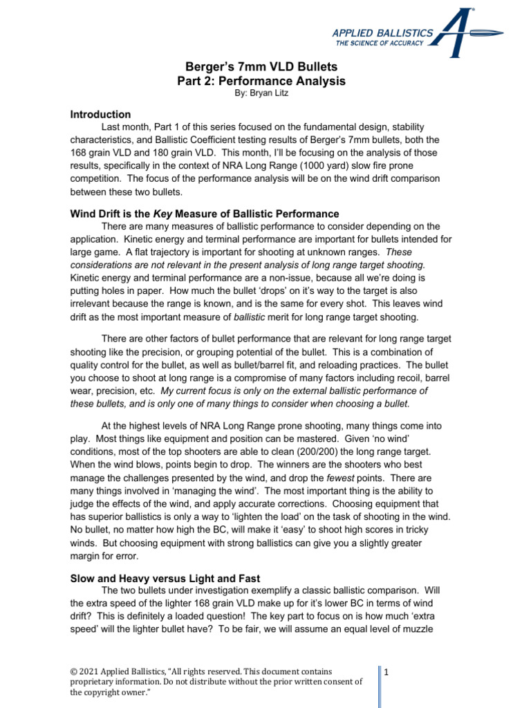 Bergers 7mm VLD Bullets Part 2 Performance Analysis | PDF | Bullet ...