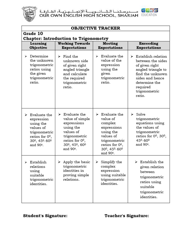 Gr10 Introduction To Trigonometry Objective Tracker Pdf