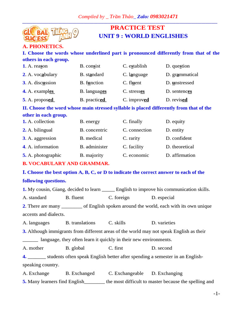 3.PRACTICE TEST UNIT 9 - Aw | PDF | Stress (Linguistics) | English Language