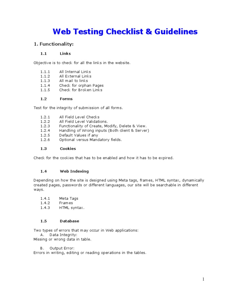 Web Testing Checklist & Guidelines: 1. Functionality | PDF | Websites ...
