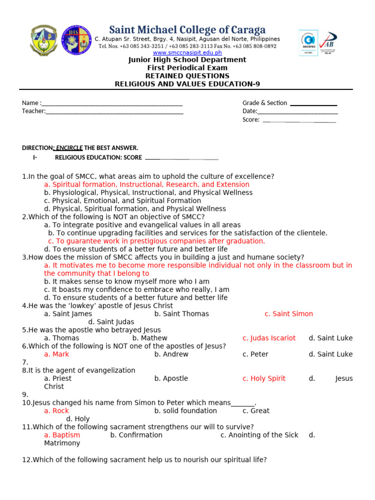 SMCC Junior High Religious Exam Questions | PDF | Saint Peter | Sacraments