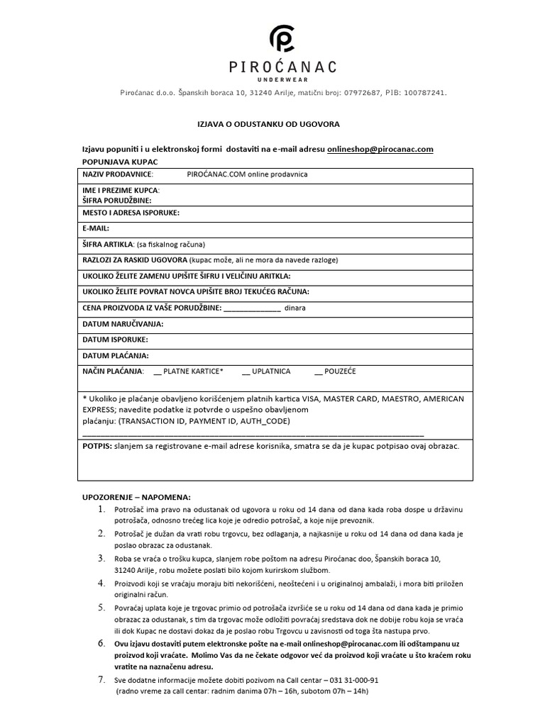 Obrazac Za Odustanak Od Ugovora | PDF