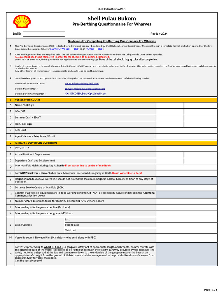 Shell Pulau Bukom Pre-Berthing Questionnaire | PDF | Oil Tanker | Shipping