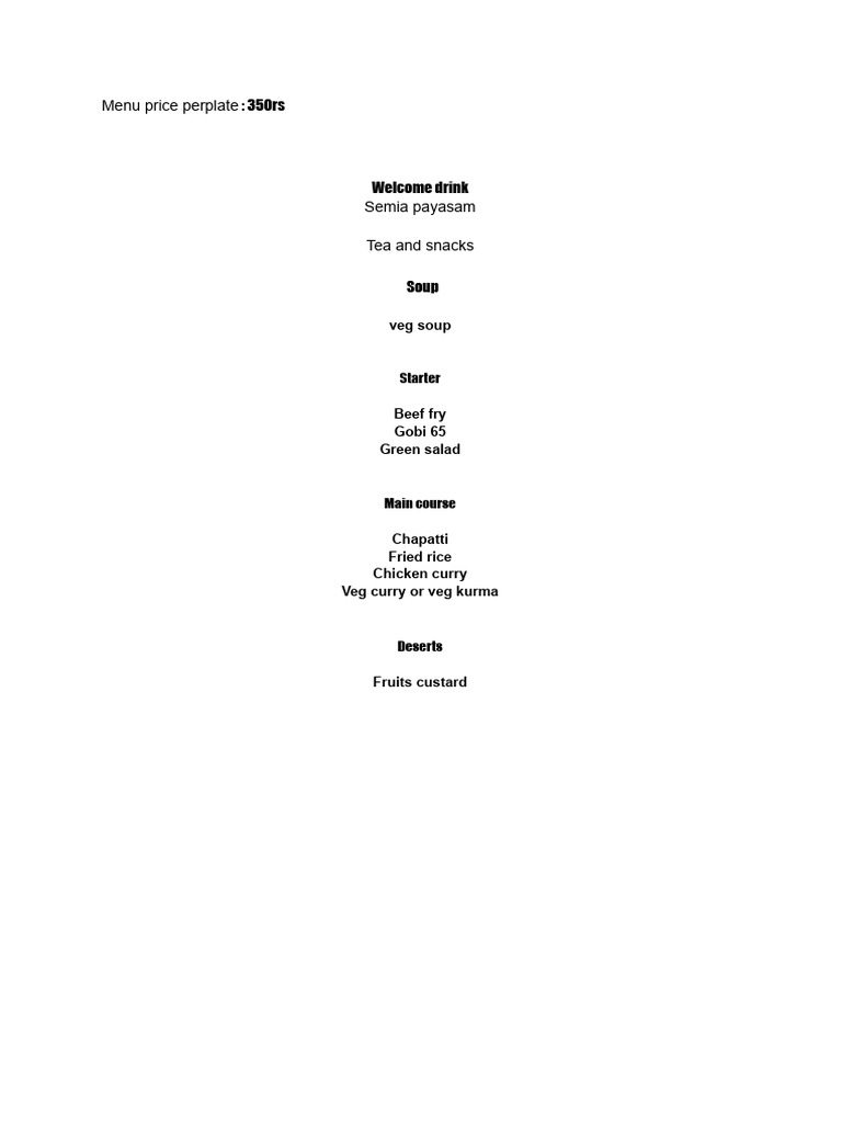 Menu Price Perplate - 350rs | PDF
