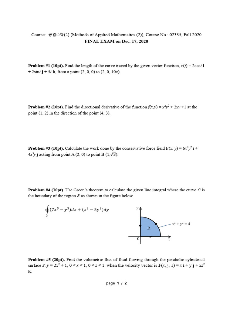 FINAL EXAM Problems 2020 Fall | PDF