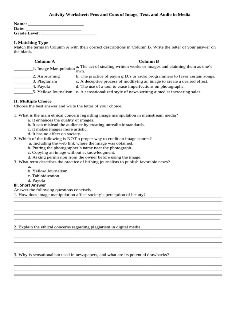 Unit 2. Lesson 1. Activity Worksheet | PDF | Image | Mass Media