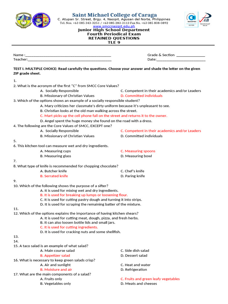 SMCC TLE 9 Periodical Exam Questions | PDF | Salad | Desserts