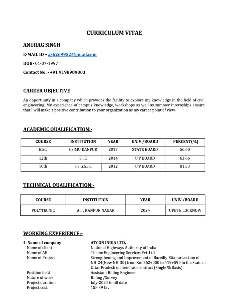 CV Er. Anurag Singh | PDF