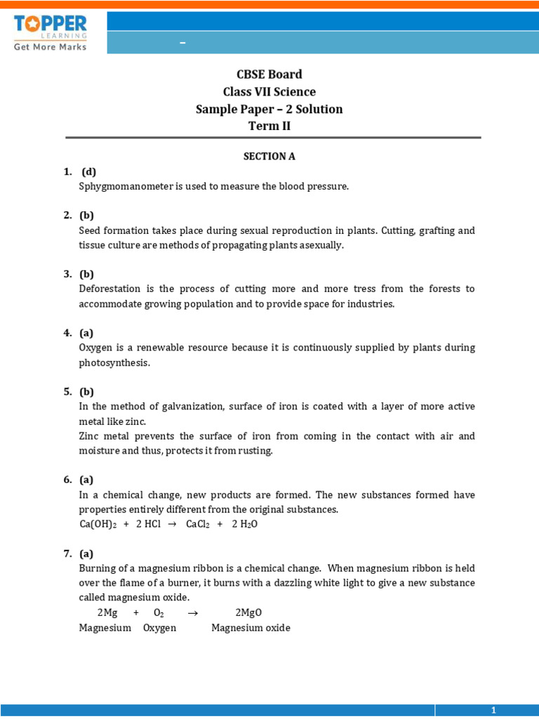 CBSE VII Science Sample Paper 2 Solutions | PDF | Rust | Iron