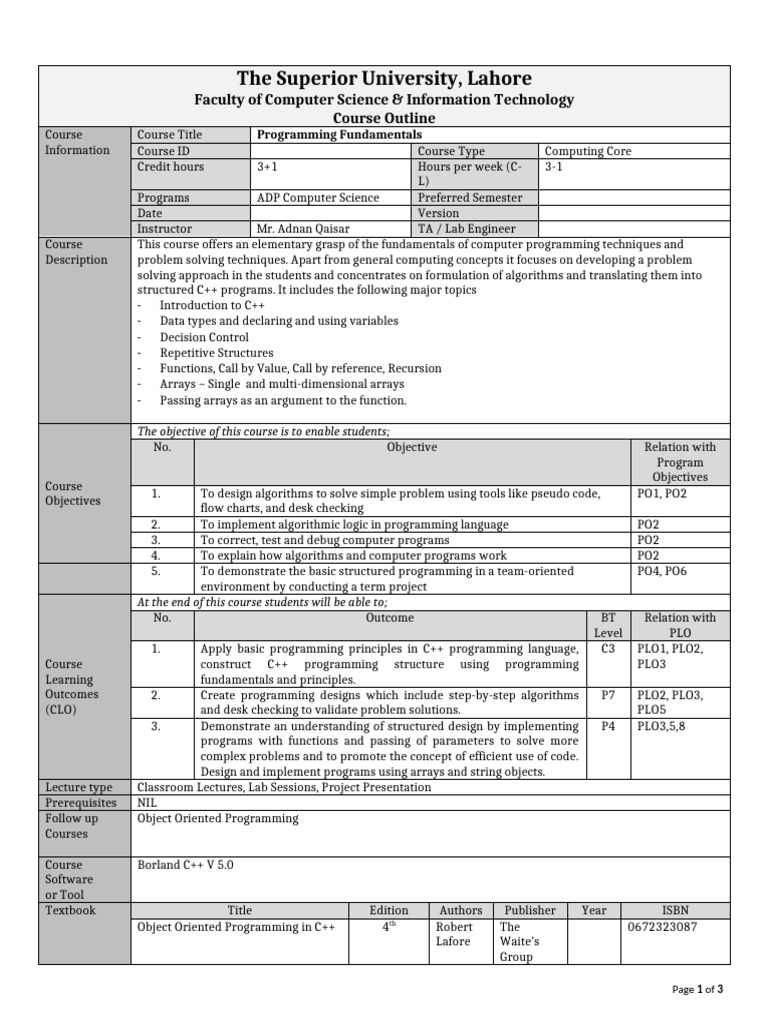 Programming Fundamentals Outline Pdf C Computer Programming