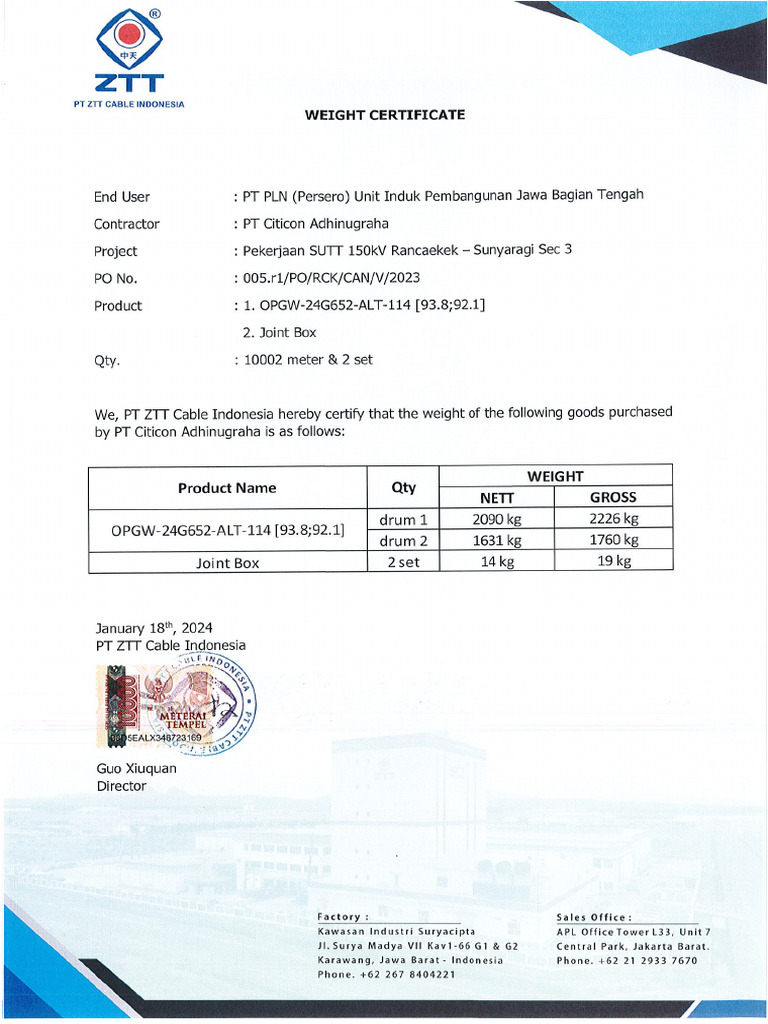 Weight Certificate - Rancaekek | PDF