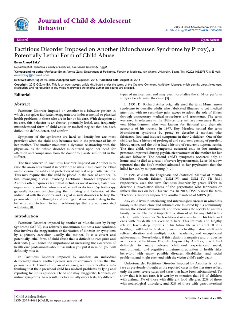 Factitious Disorder Imposed on Another Munchausen Syndrome by Proxy Apotentially Lethal Form of ...
